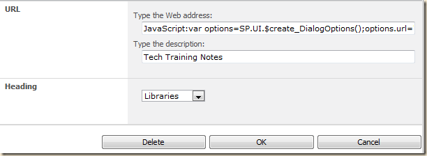 Sharepoint Opening A 2010 Dialog Box From Quick Launch Mike Smiths Tech Training Notes